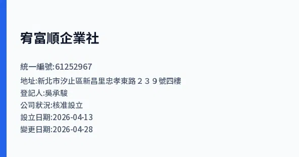 宥富順企業社的照片-統編 61252967(新北市) 公司登記資料與營業項目詳細圖表