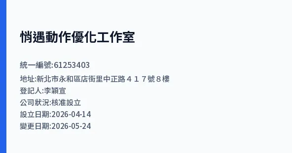 悄遇動作優化工作室的照片-統編 61253403(新北市) 公司登記資料與營業項目詳細圖表