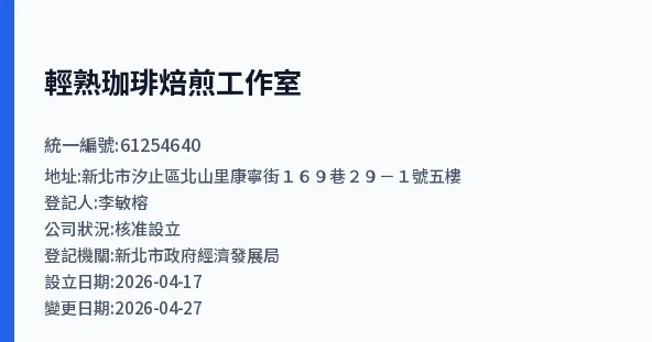 輕熟珈琲焙煎工作室的照片-統編 61254640(新北市) 公司登記資料與營業項目詳細圖表