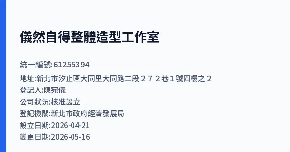 儀然自得整體造型工作室的照片-統編 61255394(新北市) 公司登記資料與營業項目詳細圖表