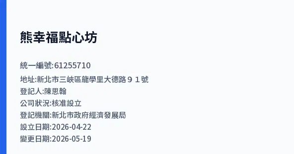熊幸福點心坊的照片-統編 61255710(新北市) 公司登記資料與營業項目詳細圖表