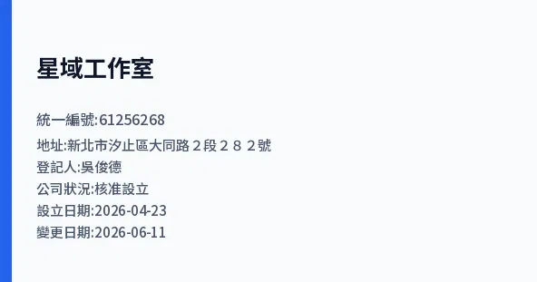 星域工作室的照片-統編 61256268(新北市) 公司登記資料與營業項目詳細圖表