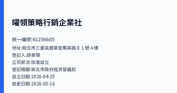 曜領策略行銷企業社的照片-統編 61256605(新北市) 公司登記資料與營業項目詳細圖表