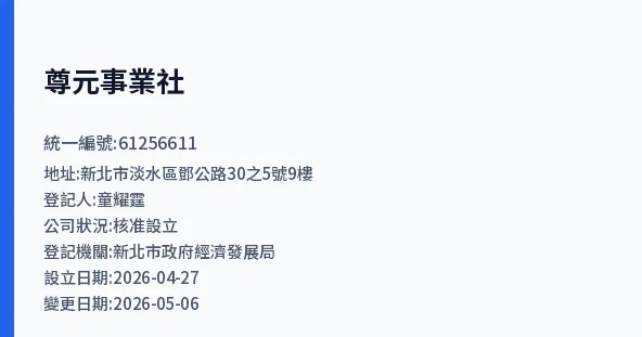尊元事業社的照片-統編 61256611(新北市) 公司登記資料與營業項目詳細圖表