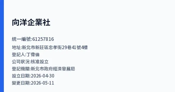 向洋企業社的照片-統編 61257816(新北市) 公司登記資料與營業項目詳細圖表