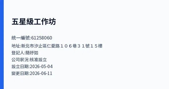 五星級工作坊的照片-統編 61258060(新北市) 公司登記資料與營業項目詳細圖表