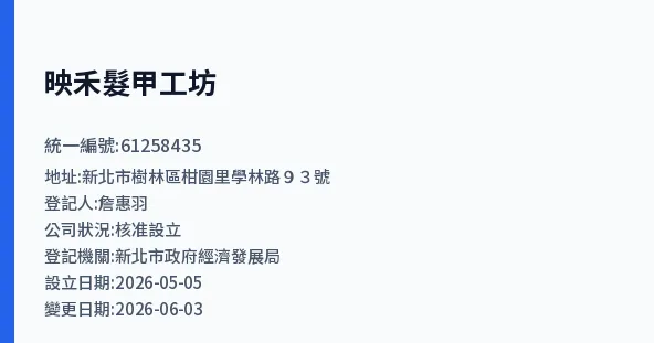 映禾髮甲工坊的照片-統編 61258435(新北市) 公司登記資料與營業項目詳細圖表