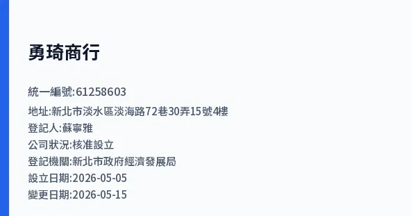 勇琦商行的照片-統編 61258603(新北市) 公司登記資料與營業項目詳細圖表