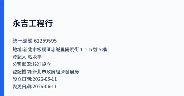 永吉工程行的照片-統編 61259595(新北市) 公司登記資料與營業項目詳細圖表