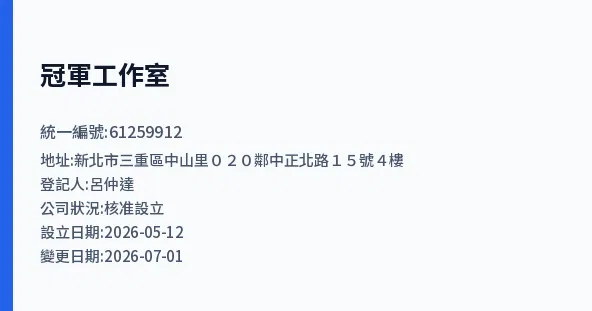 冠軍工作室的照片-統編 61259912(新北市) 公司登記資料與營業項目詳細圖表