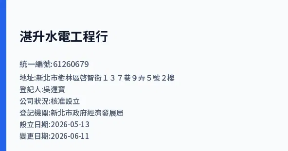 湛升水電工程行的照片-統編 61260679(新北市) 公司登記資料與營業項目詳細圖表