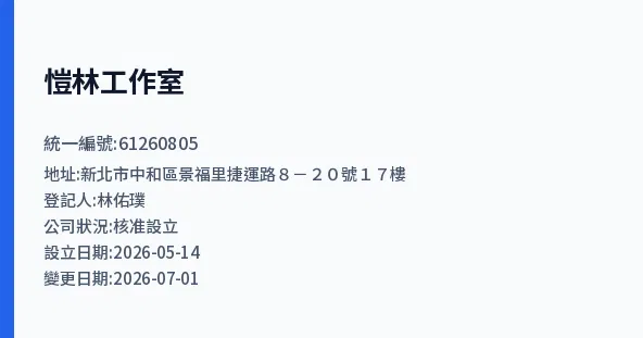 愷林工作室的照片-統編 61260805(新北市) 公司登記資料與營業項目詳細圖表