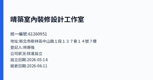 晴築室內裝修設計工作室的照片-統編 61260951(新北市) 公司登記資料與營業項目詳細圖表