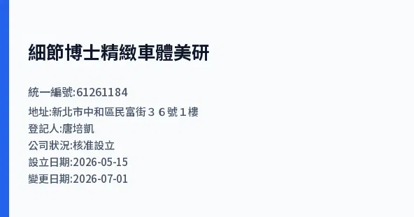 細節博士精緻車體美研的照片-統編 61261184(新北市) 公司登記資料與營業項目詳細圖表