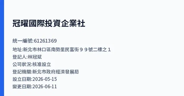冠曜國際投資企業社的照片-統編 61261369(新北市) 公司登記資料與營業項目詳細圖表