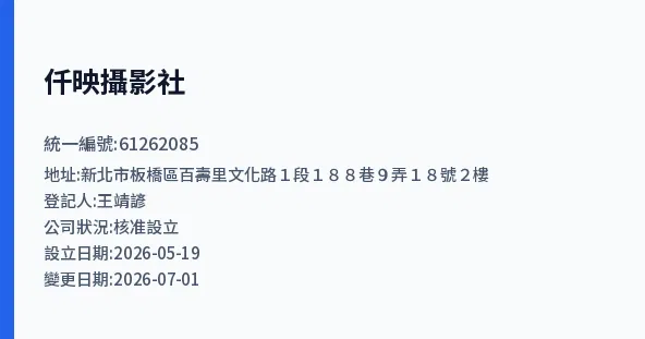 仟映攝影社的照片-統編 61262085(新北市) 公司登記資料與營業項目詳細圖表