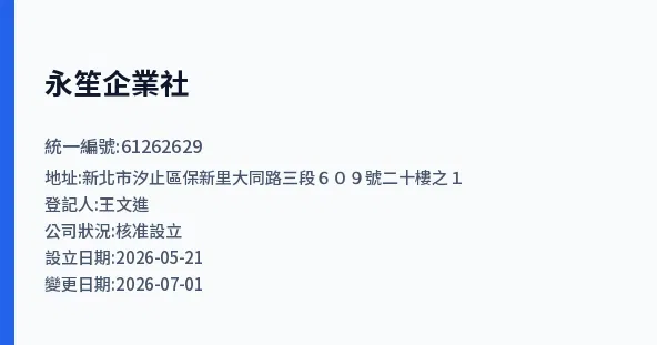 永笙企業社的照片-統編 61262629(新北市) 公司登記資料與營業項目詳細圖表