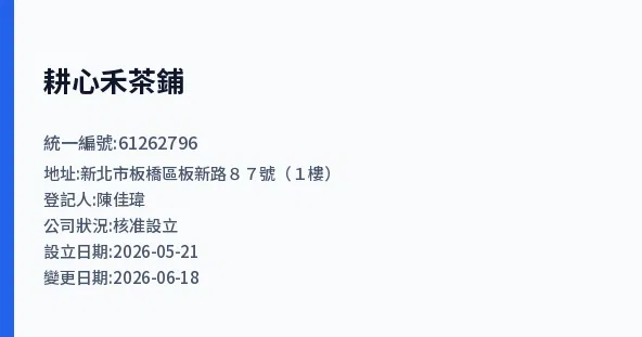 耕心禾茶鋪的照片-統編 61262796(新北市) 公司登記資料與營業項目詳細圖表