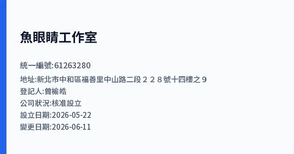 魚眼睛工作室的照片-統編 61263280(新北市) 公司登記資料與營業項目詳細圖表