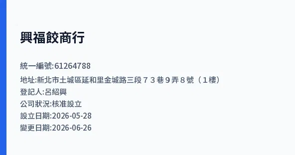 興福餃商行的照片-統編 61264788(新北市) 公司登記資料與營業項目詳細圖表