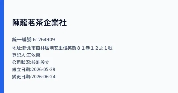陳龍茗茶企業社的照片-統編 61264909(新北市) 公司登記資料與營業項目詳細圖表