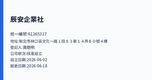辰安企業社的照片-統編 61265317(新北市) 公司登記資料與營業項目詳細圖表