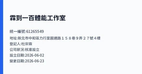 霖到一百體能工作室的照片-統編 61265549(新北市) 公司登記資料與營業項目詳細圖表