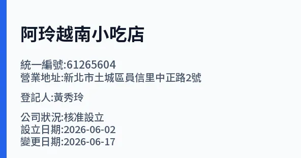 阿玲越南小吃店的照片-統編 61265604(新北市) 公司登記資料與營業項目詳細圖表