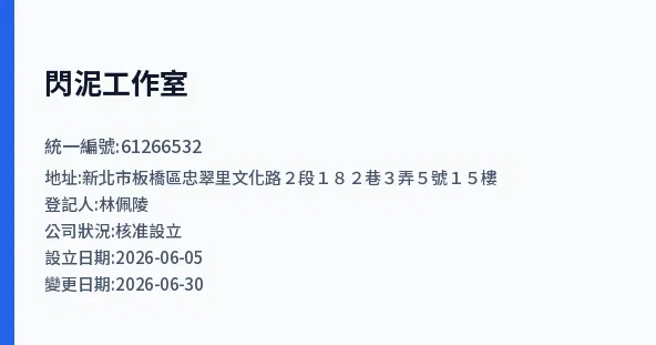 閃泥工作室的照片-統編 61266532(新北市) 公司登記資料與營業項目詳細圖表