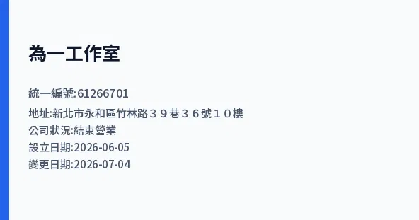 為一工作室的照片-統編 61266701(新北市) 公司登記資料與營業項目詳細圖表