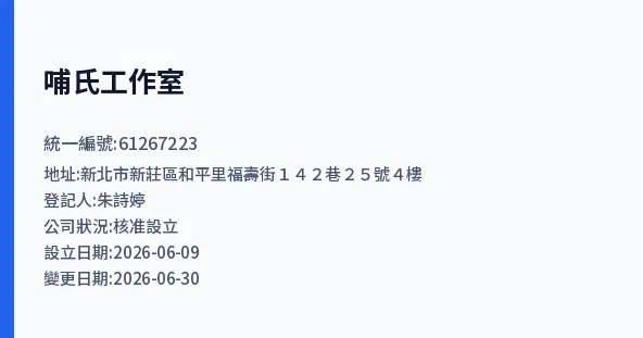 哺氏工作室的照片-統編 61267223(新北市) 公司登記資料與營業項目詳細圖表