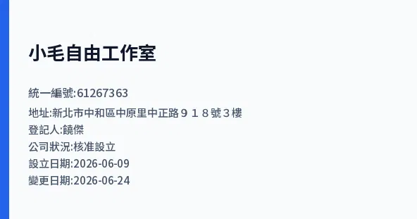 小毛自由工作室的照片-統編 61267363(新北市) 公司登記資料與營業項目詳細圖表