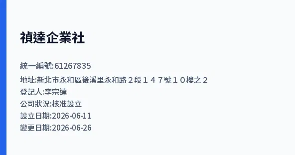禎達企業社的照片-統編 61267835(新北市) 公司登記資料與營業項目詳細圖表