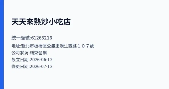 天天來熱炒小吃店的照片-統編 61268216(新北市) 公司登記資料與營業項目詳細圖表