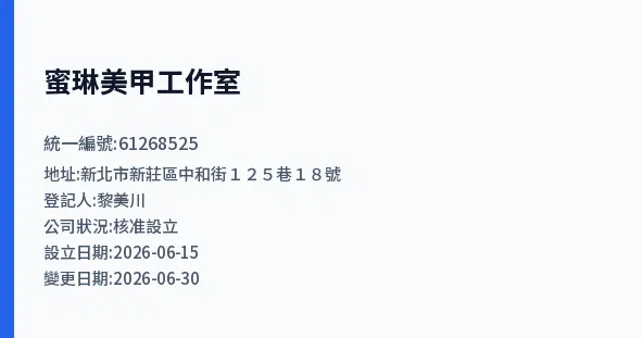 蜜琳美甲工作室的照片-統編 61268525(新北市) 公司登記資料與營業項目詳細圖表