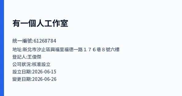 有一個人工作室的照片-統編 61268784(新北市) 公司登記資料與營業項目詳細圖表