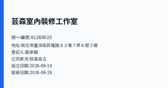 芸森室內裝修工作室的照片-統編 61269025(新北市) 公司登記資料與營業項目詳細圖表