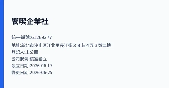 饗喫企業社的照片-統編 61269377(新北市) 公司登記資料與營業項目詳細圖表