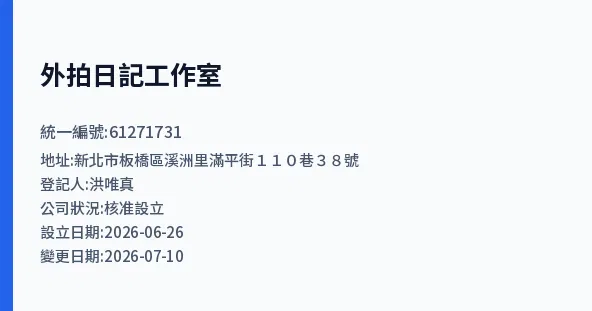 外拍日記工作室的照片-統編 61271731(新北市) 公司登記資料與營業項目詳細圖表