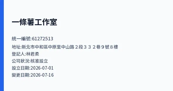 一條薯工作室的照片-統編 61272513(新北市) 公司登記資料與營業項目詳細圖表