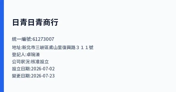 日青日青商行的照片-統編 61273007(新北市) 公司登記資料與營業項目詳細圖表
