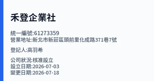 禾登企業社的照片-統編 61273359(新北市) 公司登記資料與營業項目詳細圖表