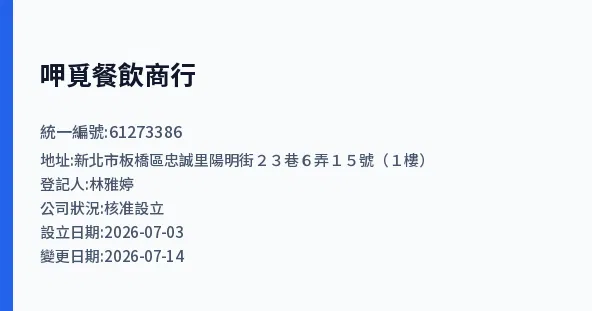 呷覓餐飲商行的照片-統編 61273386(新北市) 公司登記資料與營業項目詳細圖表