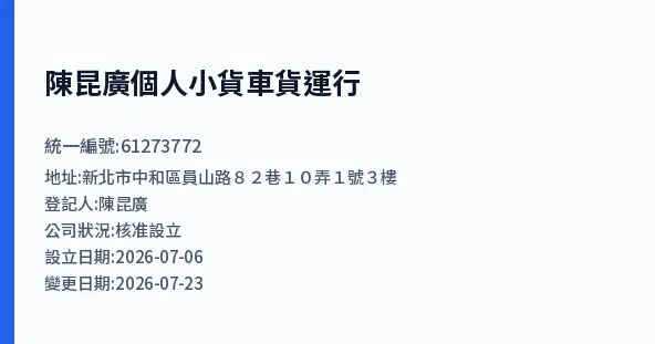 陳昆廣個人小貨車貨運行的照片-統編 61273772(新北市) 公司登記資料與營業項目詳細圖表