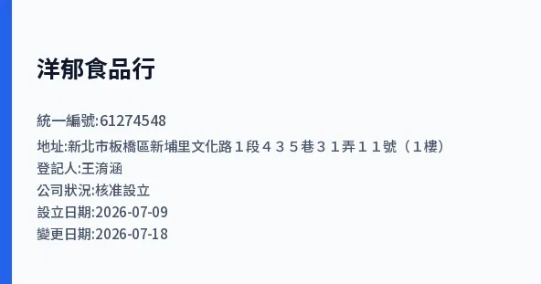 洋郁食品行的照片-統編 61274548(新北市) 公司登記資料與營業項目詳細圖表
