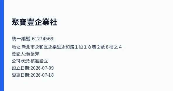 聚寶豐企業社的照片-統編 61274569(新北市) 公司登記資料與營業項目詳細圖表