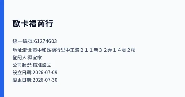 歐卡福商行的照片-統編 61274603(新北市) 公司登記資料與營業項目詳細圖表