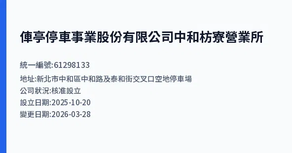 俥亭停車事業股份有限公司中和枋寮營業所的照片-統編 61298133(新北市) 公司登記資料與營業項目詳細圖表