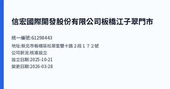 信宏國際開發股份有限公司板橋江子翠門市的照片-統編 61298443(新北市) 公司登記資料與營業項目詳細圖表