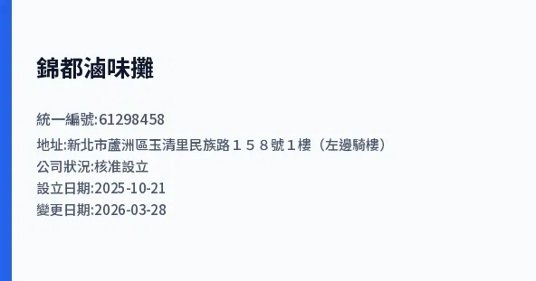 錦都滷味攤的照片-統編 61298458(新北市) 公司登記資料與營業項目詳細圖表